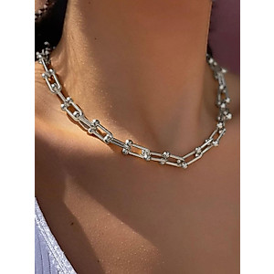 KeyStyle Paperclip Chain Necklace for Women, Stainless Steel Bamboo Link Choker Chains Paper Clip Necklaces for Rapper (16 Inches + 2 Inches)