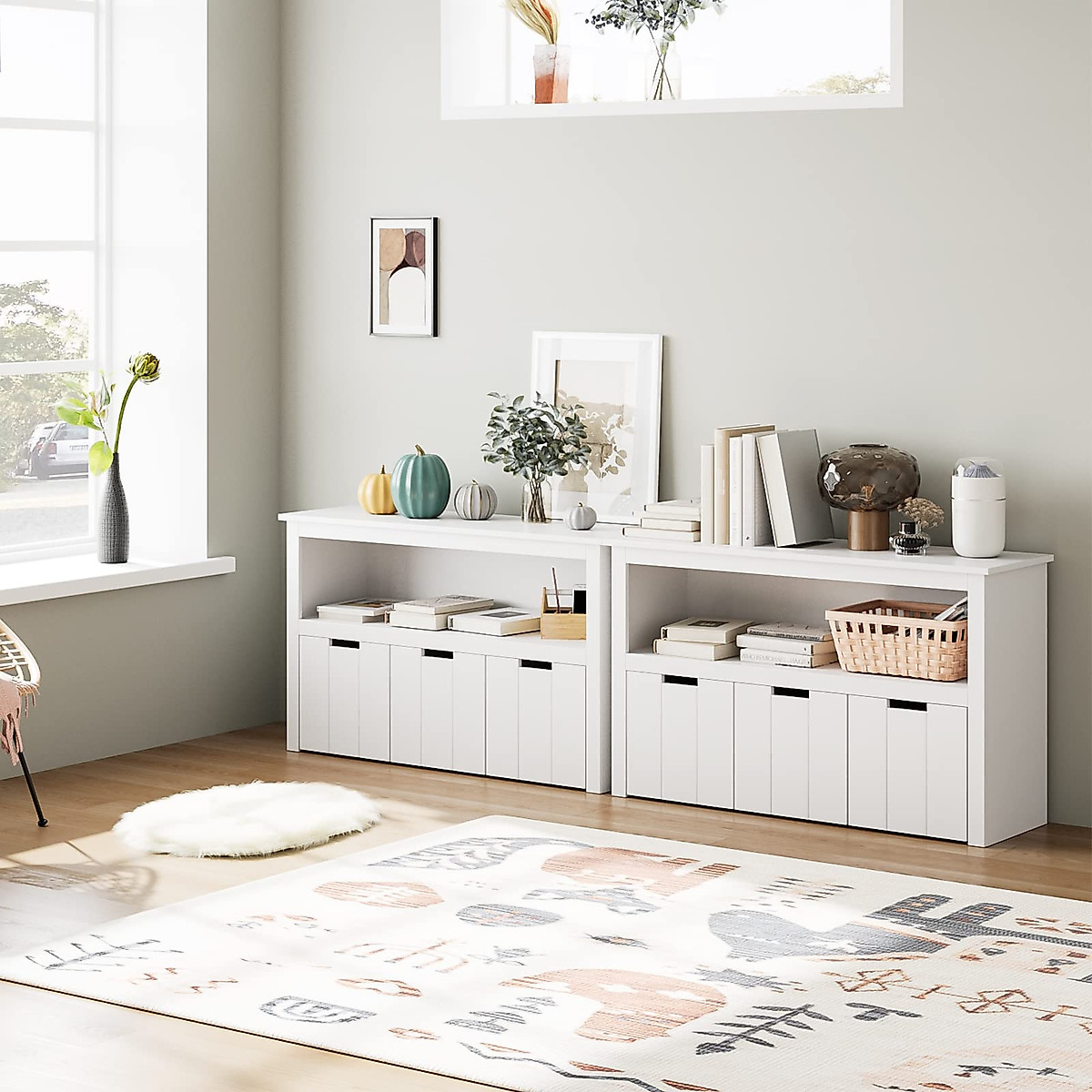 FOTOSOK Toy Storage Cabinet with 3 Movable Drawers, Floor Storage Organizer with Hidden Wheel & Large Open Bookhelf, Organizer Chest for Playroom, White