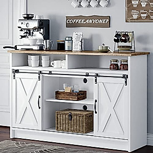 White Coffee Bar Cabinet, 52" Farmhouse Kitchen Sideboard Buffet Storage Cabinet White Sideboard Buffet Cabinet with Storage Sliding Barn Door for Kitchen, Dining Room, Living Room (White, 52inch)