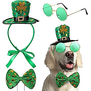 3 Pcs St Patrick's Day Dog Costume, St. Patty's Day Doggie Headband Green Round PET Sunglasses and Green Shamrock Bow Tie Kit for Medium Large Dogs