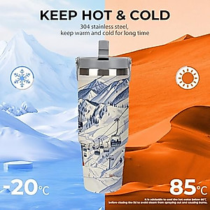 WITHSBKK 30oz Car Cup Mount Horsney Ski Lift Printed with Portable, Stainless Steel Travel Mug, Vacuum Insulated Tumbler And Straw, Leakproof for Car & Outdoor, UV Printed Design