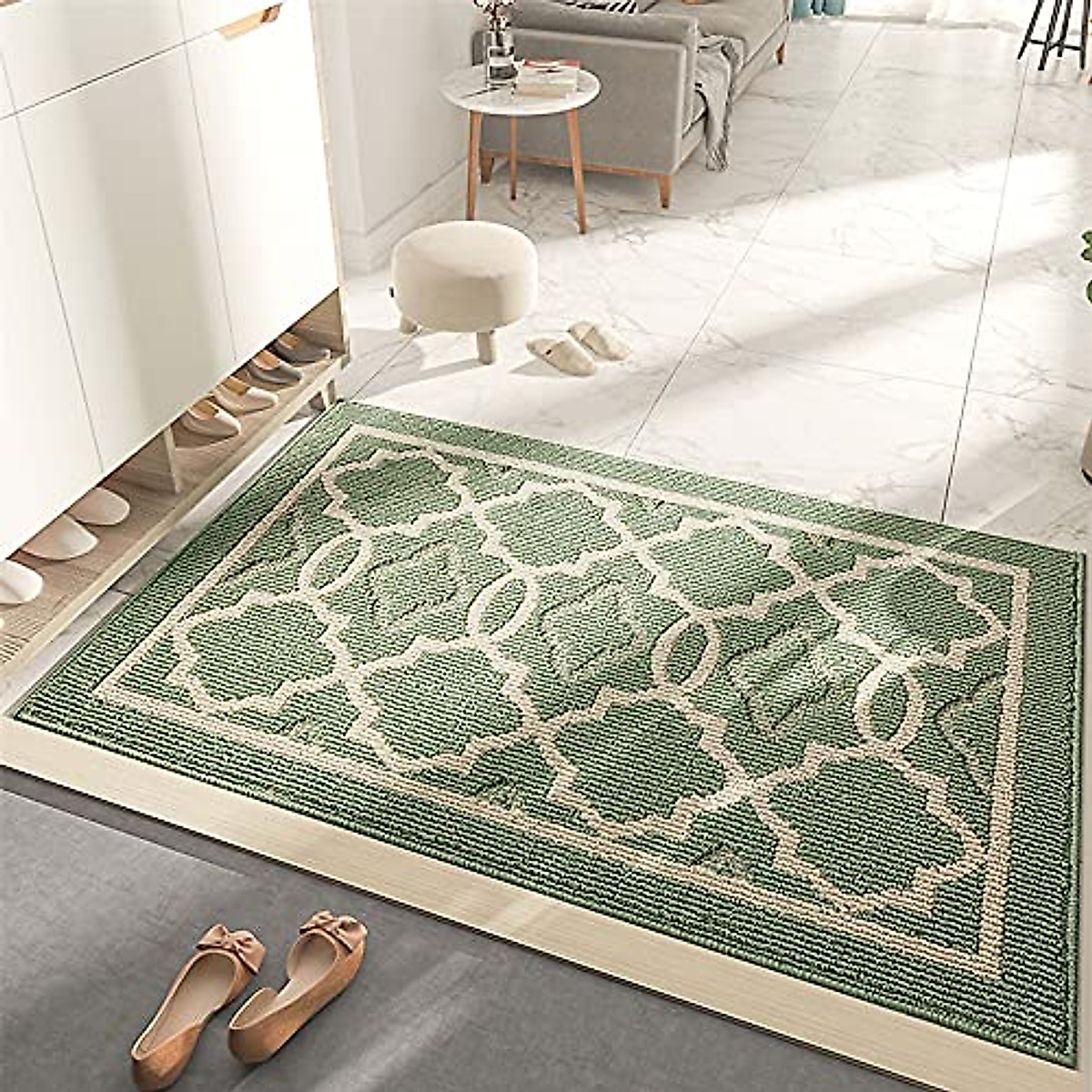 THRILRUG Indoor Door Mat,Non-Slip Absorbent Machine Washable Entrance Rug, Low-Profile Front Door Mat for Back Door Inside Rugs for Entryway-Sage Green Trellis (Green Trellis, 24"x36"/60x90cm)