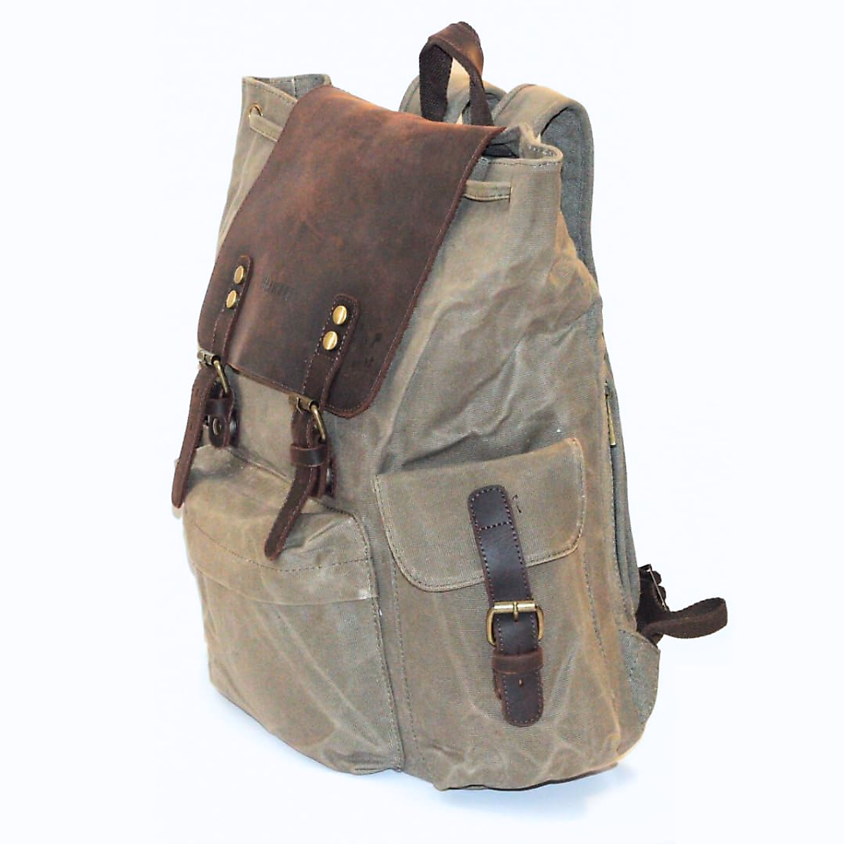 Peraware SAGE Genuine Leather Green Military Backpack Casual Daypack Backpacks Rucksack - Mens Backpack for Travel - Canvas Leather Backpack for Women Men Luggage Laptop Backpack for Men.