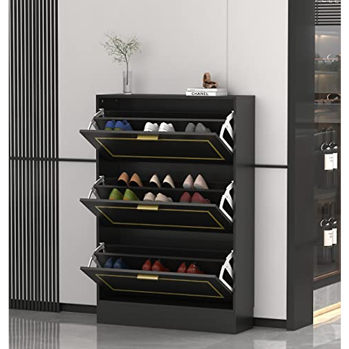 AGOTENI Shoe Cabinet, Tipping Bucket Shoes Cabinets, Shoes Cabinet with 3 Flip Drawers, Narrow Shoe Rack Cabinet for Entryway, Modern Shoes Organizer Cabinet (31.5”W x 9.5”D x 47.2”H)