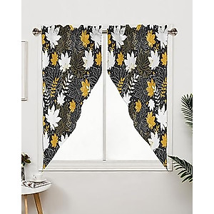 Autumn Maple Leaves Swag Curtains for Living Room/Kitchen/Bedroom/Bathroom, Yellow White Gold Leaf Black Backdrop Swag Valance Curtains Short Half Kitchen Topper Curtains Window Swag 2 Panels 28x36