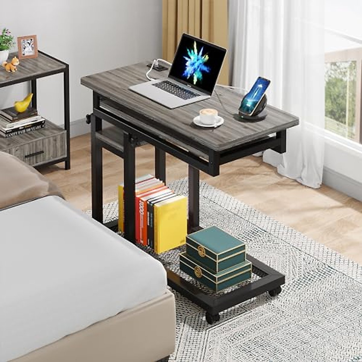 Tribesigns Small Portable Desk with Power Outlet, Height Adjustable Sofa Couch Bedside Laptop Table with Wheels, Mobile Standing Desk Rolling Computer Cart C Side Table with USB Ports