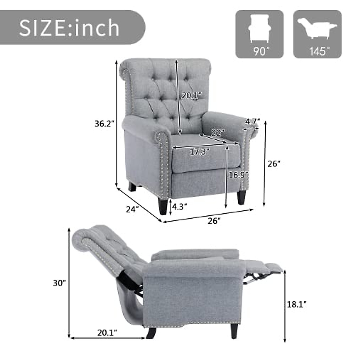 New Recliner Chair for Living Room, Fabric Massage Recliner Chair Winback Single Sofa Home Theater Chairs Adjustable Modern Reclining Chair with Padded Seat Backrest for Adults (Gray)