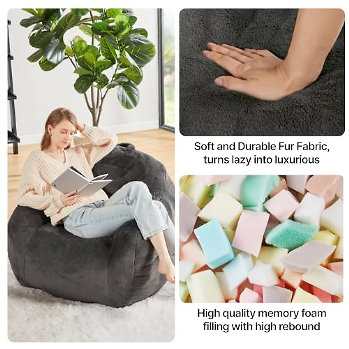 Codi Comfy Bean Bag Chair for Bedroom, Giant BeanBag Sofa - Large and Lazy Lounge Chairs for Adults and Teens - Fluffy Faux Fur with Memory Foam Filler Included - Grey