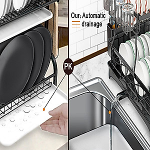 Dish Drying Rack for Kitchen Counter, 2 Tier Large Kitchen Drying Rack with Drainboard, Anti-Rust Stainless Steel Dish Drainer with Utensil Holder Wine Glass Holder for Cup Bowl Plate