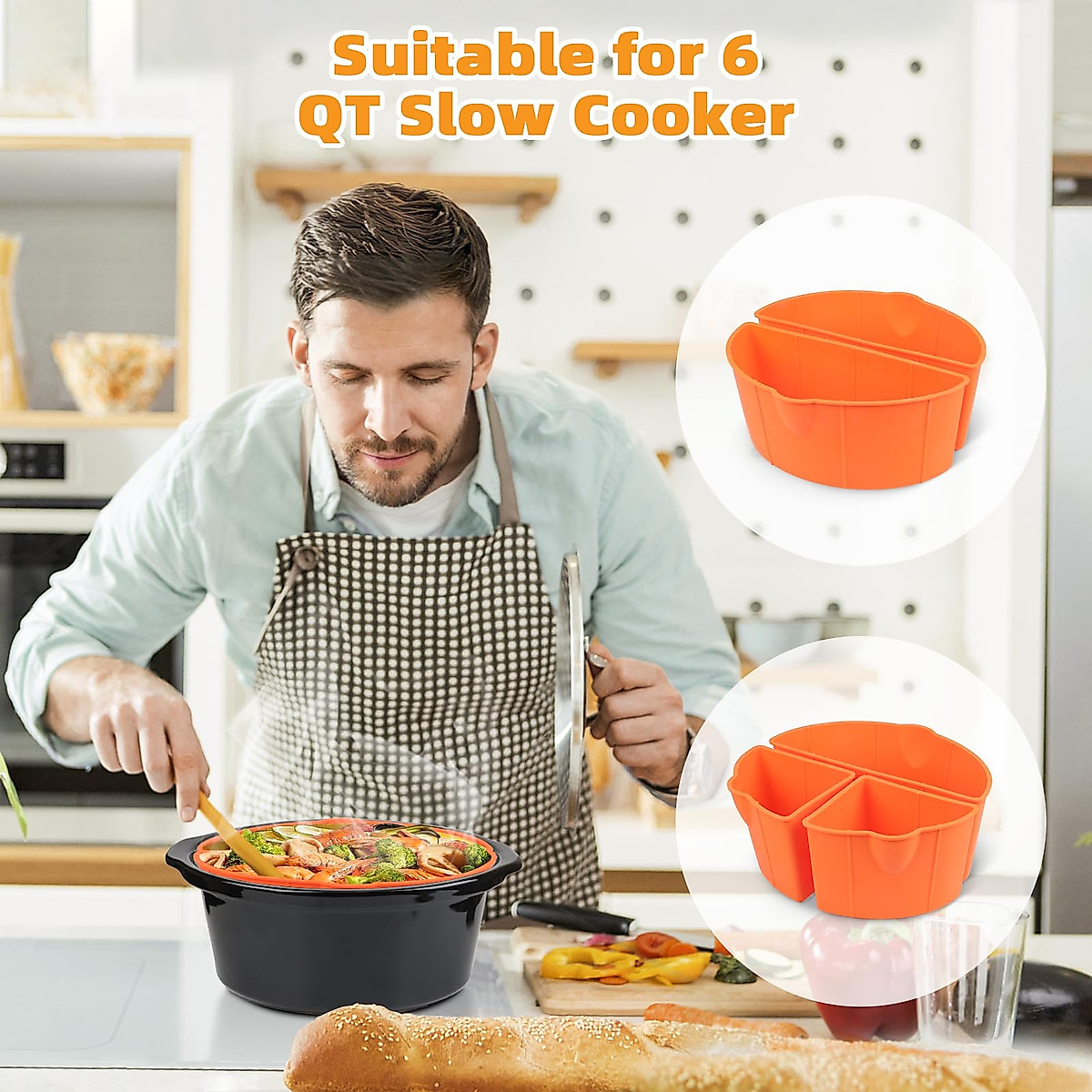 Silicone Crock pot Liner Fit 6-7 Quart Oval Slow Cooker Reusable Leakproof Easy Clean Cooking Bags Divider Dishwasher Safe (Orange)