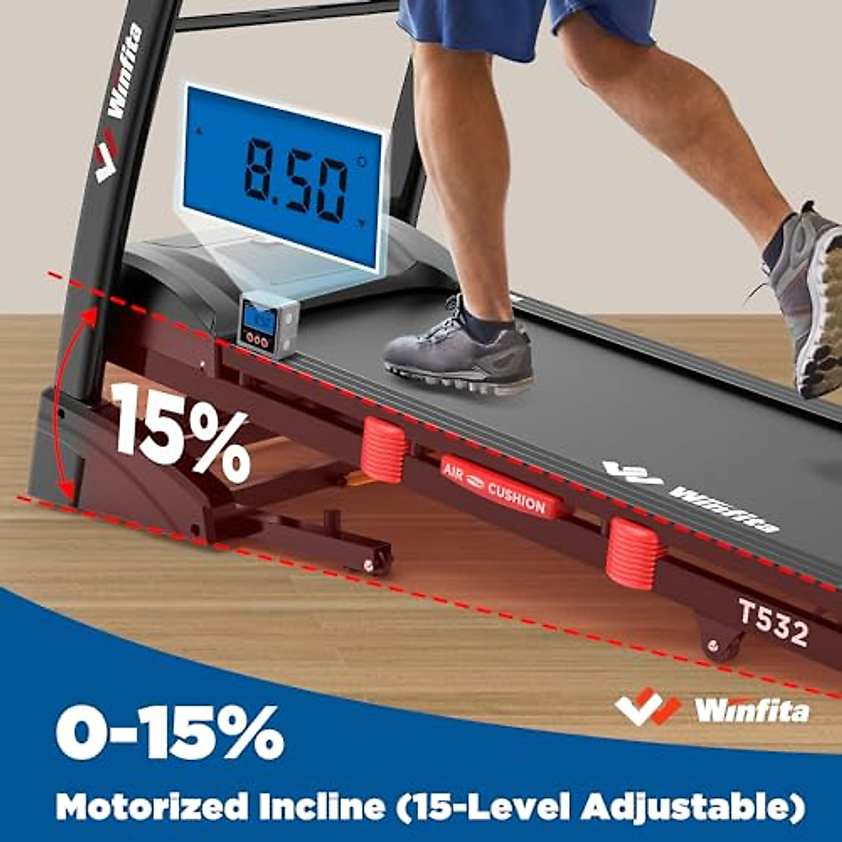 Winfita 4.5HP Foldable Treadmill for Home with 15% Auto Incline, 300 LB Capacity, 10 MPH Speed, 50"x18" Belt, App & Bluetooth Speakers, Charging Port, Tablet Holder, Pause Function, 64 Preset Programs