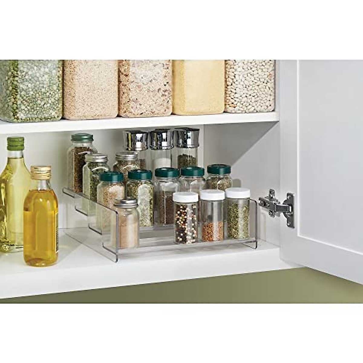 mDesign Plastic Kitchen Spice Bottle Rack Holder, Food Storage Organizer for Cabinet, Cupboard, Pantry, Shelf - Holds Spices, Jars, Baking Supplies, 4 Levels, 2 Pack - Ligne Collection - Clear
