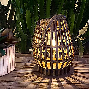 Solar Lantern Outdoor-Bamboo Lamps Patio Waterproof Rattan Solar Lanterns-Natural Auto On Off Lantern Edison Bulb Light with Handle for Hanging Table Yard Garden Wedding Home Decoration