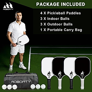 AOBORTY Pickleball Paddles 4 Pack - Light Graphite Premium Rackets Fiber Face Pickleball Set with 6 Outdoor Indoor Balls Including Portable Carry Bag