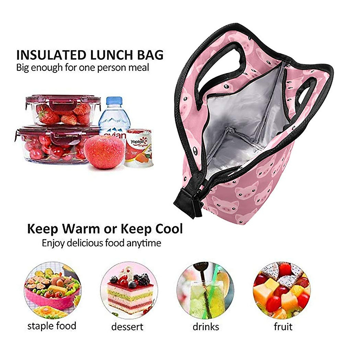 Cartoon Pink Pig Lunch Bag Insulated Cooler Lunch Box, Cute Animal Reusable Tote Outdoor Travel Picnic Bags For Snacks Organizer for Women Kids Students School Office Work