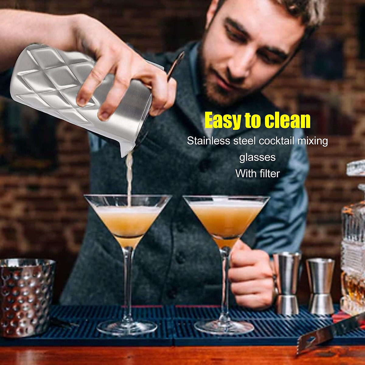 TOPINCN Cocktail Mixing Glass, Stainless Steel Mixing Glass Cocktail Shaker Double Wall Bartender DIY Tools Wine Mixer Thick Drink Mixing Cup for Home Bar