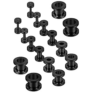 Prjndjw Screw Fit Ear Gauges Kit Surgical Steel Tunnel Expander Earrings Earlobe Plugs Stretching Body Piercing Jewelry Set for Women Men Black 14G-00G 8 Pairs