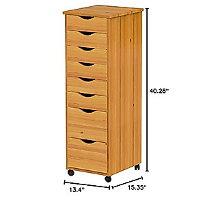 Adeptus Original Roll Cart, Solid Wood, 6+2 Drawer Narrow Drawers Roll Carts, Medium Pine     