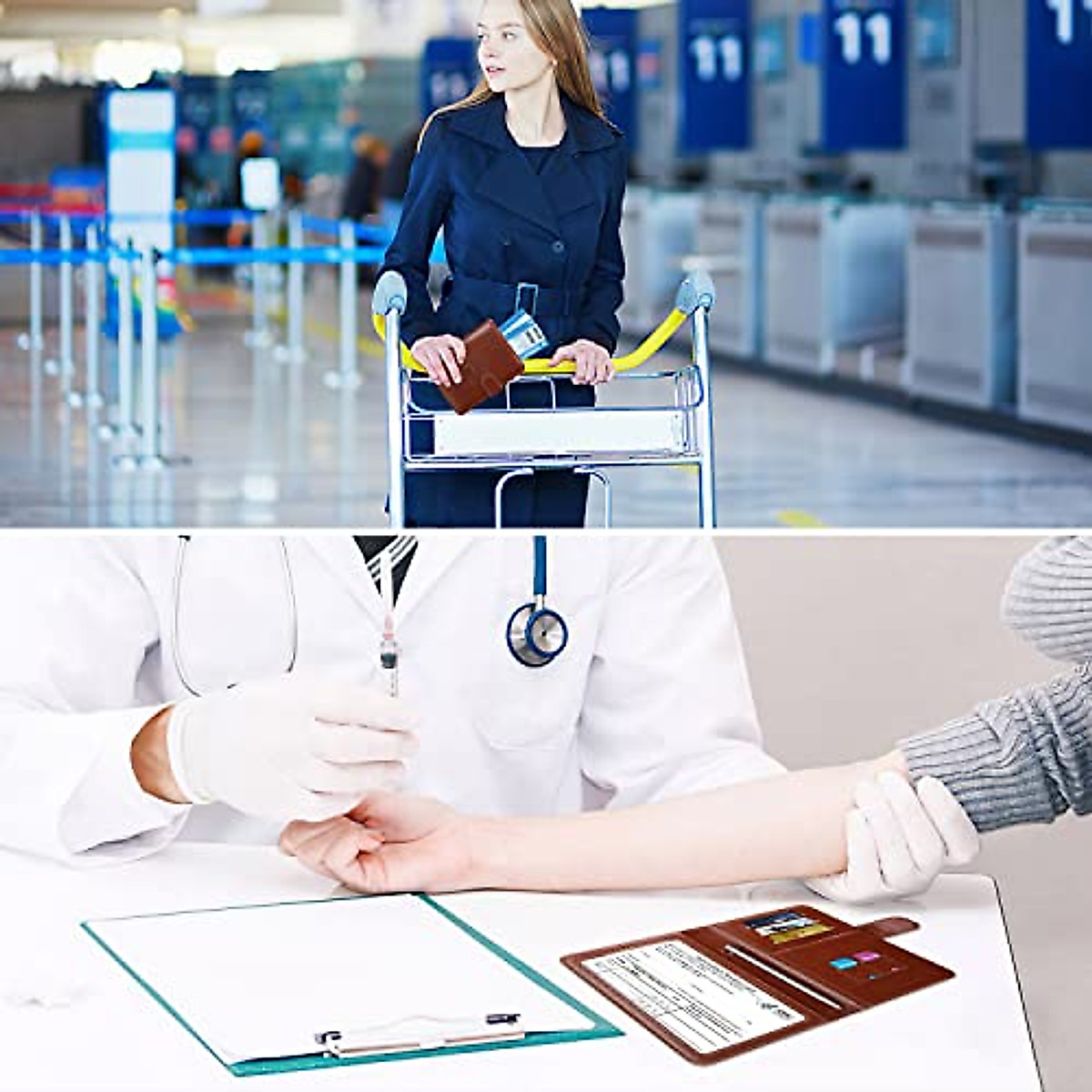 MCmolis Passport and Vaccine Card Holder Combo,RFID Blocking Leather Cover Case Travel Documents Organizer Protector With CDC Vaccination Card Slot and Magnetic Buckle-Brown