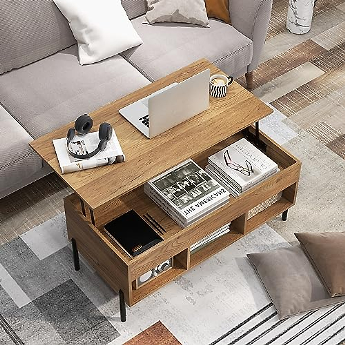 Tangkula Lift Top Coffee Table with Metal Legs, Rising Center Table w/Hidden Compartment & 3 Open Cubbies, Multifunctional Wood Dining Working Table for Living Room Reception Room (Natural)
