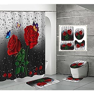 Red Rose Shower Curtain Sets with Non-Slip Rugs,Toilet Lid Cover and Bath Mats Rose Bathroom Sets with Rugs and Accessories Flower Shower Curtain for Bathroom Floral Bathroom Curtain Sets1-1