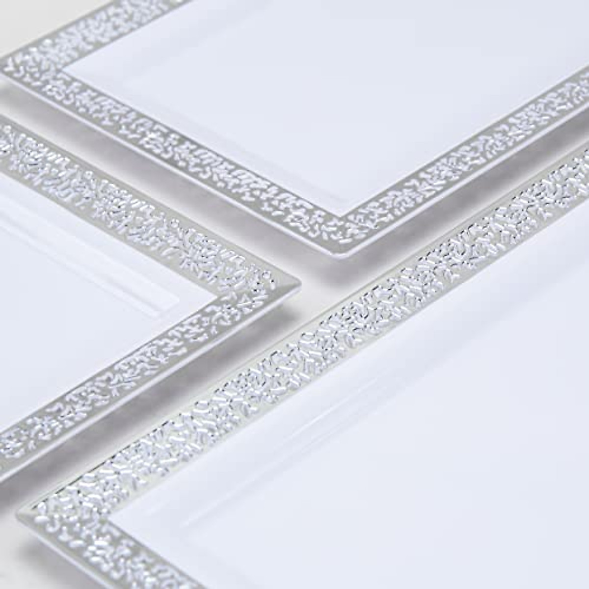 BBG 12Pcs Plastic Silver Serving Trays and Platters Set, 13.77 * 8.46” White with Silver Lace Design, Rectangular Plastic Food Platters, Disposable Serving Tray for Party Weddings Reception Buffet