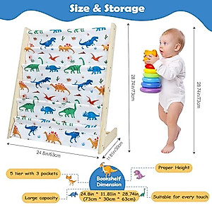 wooshwa Kids Bookshelf 5 Tier Wooden Toy and Book Storage Organizer 3 Pockets Toddler Sling Book Rack with Deep Sleeves for Boys Playroom Nursery Bedroom (Colorful Dinosaur)