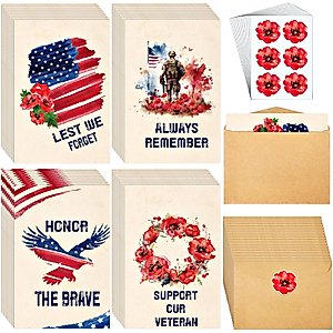 Watersay 100 Sets Veteran Thank You Cards with Envelopes and Stickers Military Appreciation Note Cards Memorial Day Watercolor Cards 4 x 6 Inch Blank Cards Bulk for Veterans Memorial Day