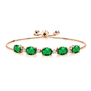 Gem Stone King 18K Rose Gold Plated Silver Green Simulated Emerald and White Lab Grown Diamond Tennis Bracelet For Women (4.01 Cttw, Fully Adjustable Up to 9 Inch)
