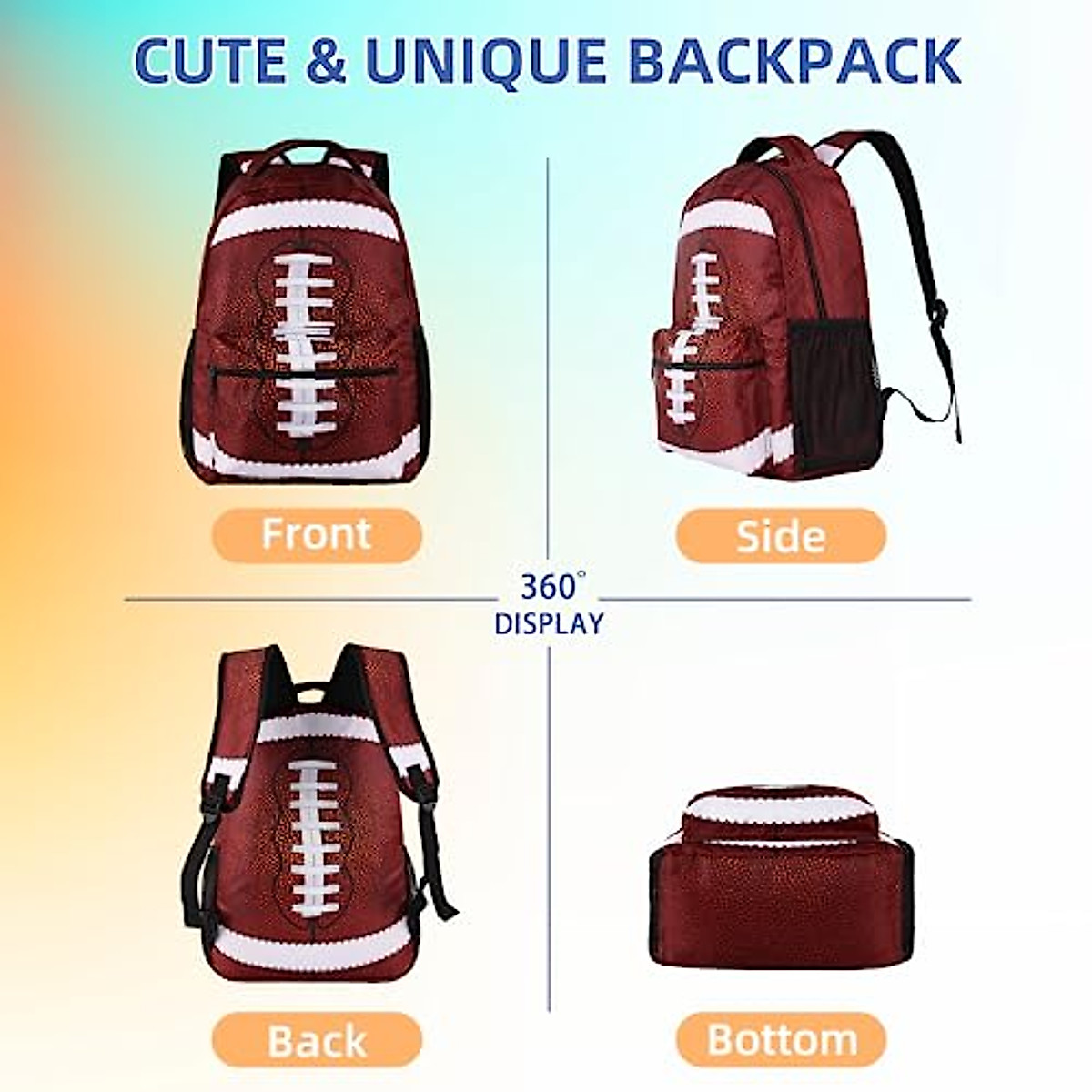 Football Backpack for Boys, 17-inch Laptop Travel Laptop Daypack Football School Bag with Multiple Pockets for Girls