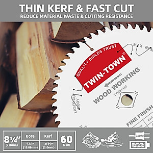TWIN-TOWN 8-1/4-Inch 60 Teeth ATB Fine Finish Thin Kerf Saw Blade with 5/8-Inch DMK Arbor