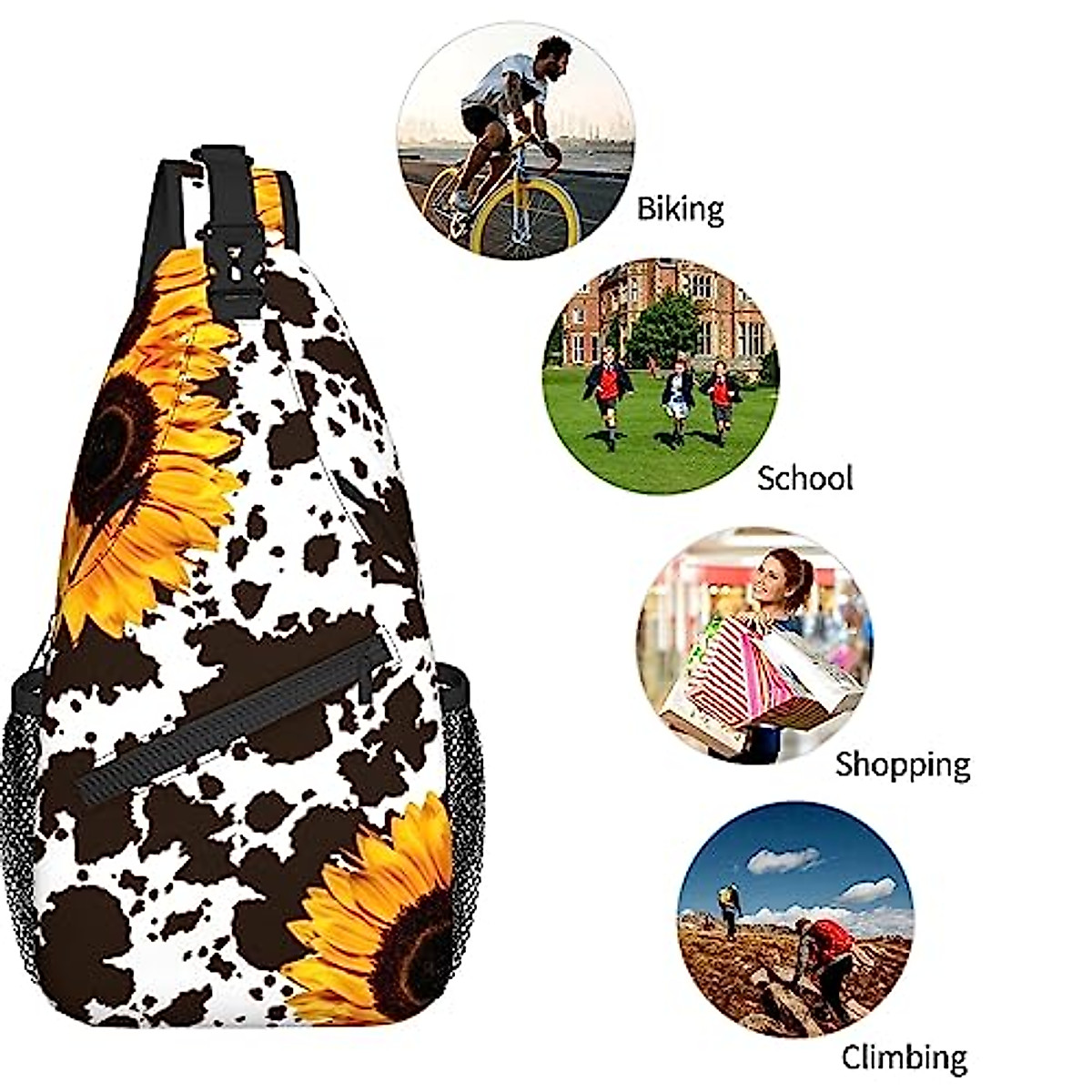 UTKHCYW Cow Print Sunflower Crossbody Sling Backpack, Brown Cow Print Bag Gifts Ideal, Single Shoulder Bag for Travel, Hiking, and Daily Use