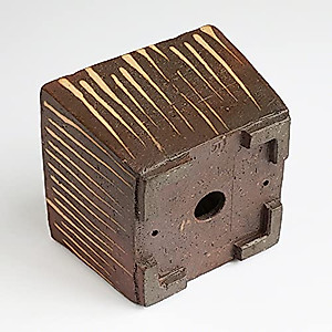 Wazakura Tokoname Series Small Handmade Striped Square Bonsai Pot with Drainage Hole 4.1in (105mm) Made in Japan, Ceramic Training Starter Container, Decorative Flower Planter - Brown