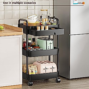 3-Tier Rolling Cart wiht Drawer, Multifunctional Utility Cart Craft Art Cart Trolley Organizer with Plastic Shelf & Metal Wheels, Storage Cart for Kitchen,Bathroom,Living Room,Office,Black