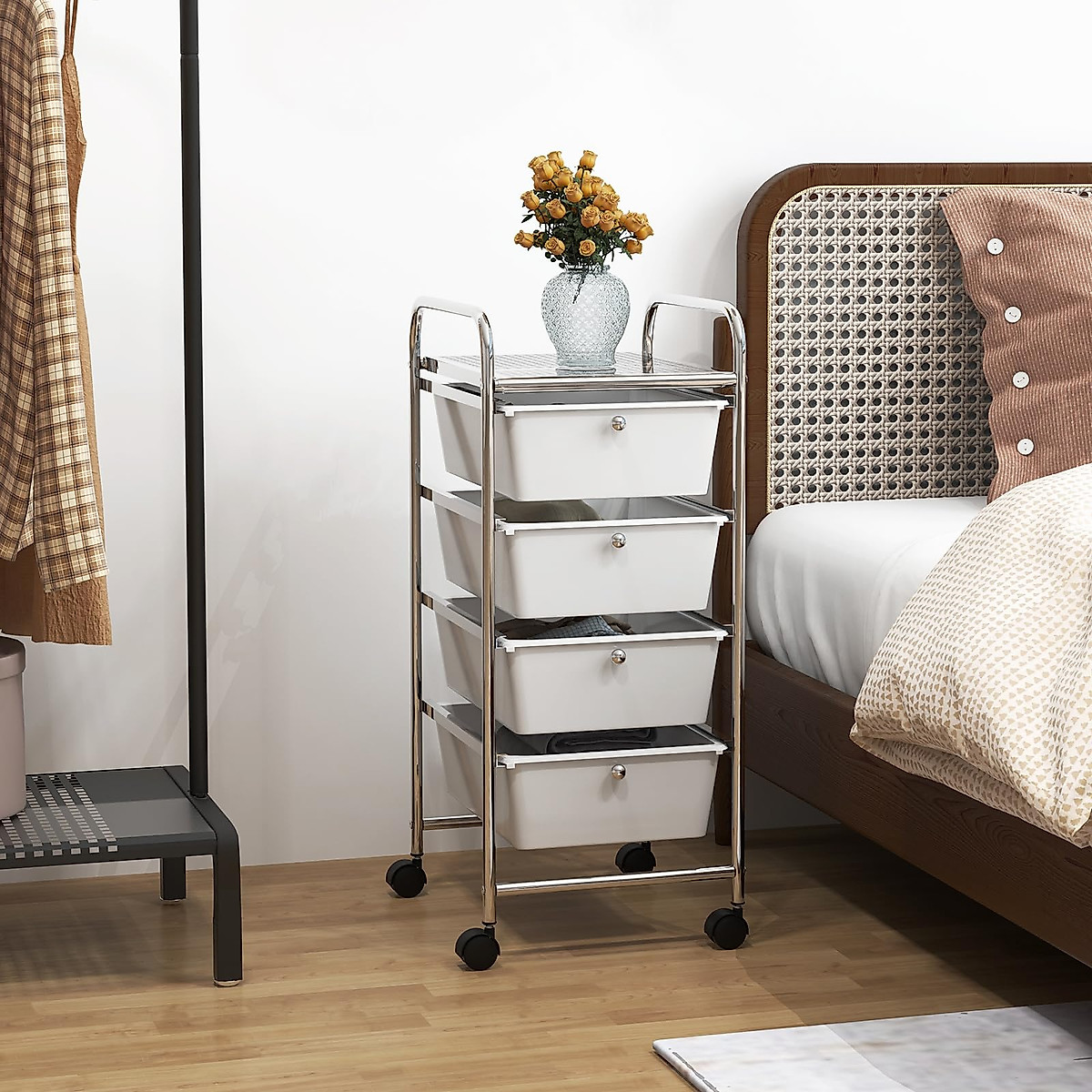 COSTWAY Rolling Storage Cart with 4 Drawers, Plastic Storage Cart and Organizer w/ 4 Removable Drawers, Multipurpose Organizer Cart for Home Scrapbook Paper Office School Tools (White)