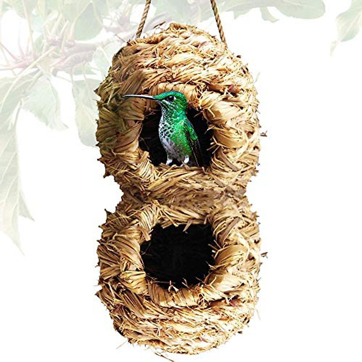 Meric Bird Nest Hut with 2 Pockets, Hand-Woven Grass Hanging House, Secure Hideaway and Shelter for Finch, Canaries, Chickadee, House Wren, Hummingbird, Sparrow, 1 Piece