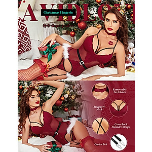 Avidlove Christmas Lingerie for Women Lace Bodysuit Lingerie Set Corset Lingerie Boudoir Outfits M Dark Red (No Stockings)
