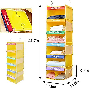 CLUQMEIK Kids Closet Organizers and Storage, Weekly Hanging Clothes Organizer, 6 Shelves with Side Mesh Pockets, 41.7"x12"x12", Yellow, Days of The Week Clothing System, Monday Through Friday