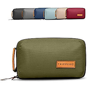 Tech Bag Organizer - Small Electronics Organizer Pouch for Travel - Premium Travel Case with Leather Accents - Mesh Pocket for Cables, Cords and Chargers - TRIPPED Travel Gear (Green)