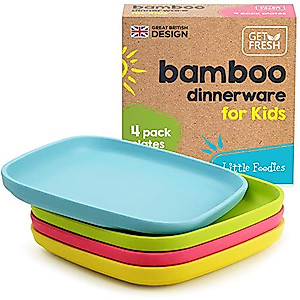 Bamboo Kids Plates, 4 Pack Set, Stackable Bamboo Dinnerware for Kids, Bamboo Fiber Kids Plates Set, Dinner Dish Set for Kids and Toddlers, Dishwasher Safe and Stackable