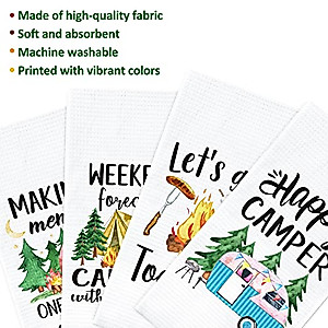 Vansolinne Camping Kitchen Towels Set of 4 Dish Towels White Kitchen Hand Towels Kit Printed with Funny Sayings Novelty Gifts for Campers Happy Camper Camping Accessories for RV Campers