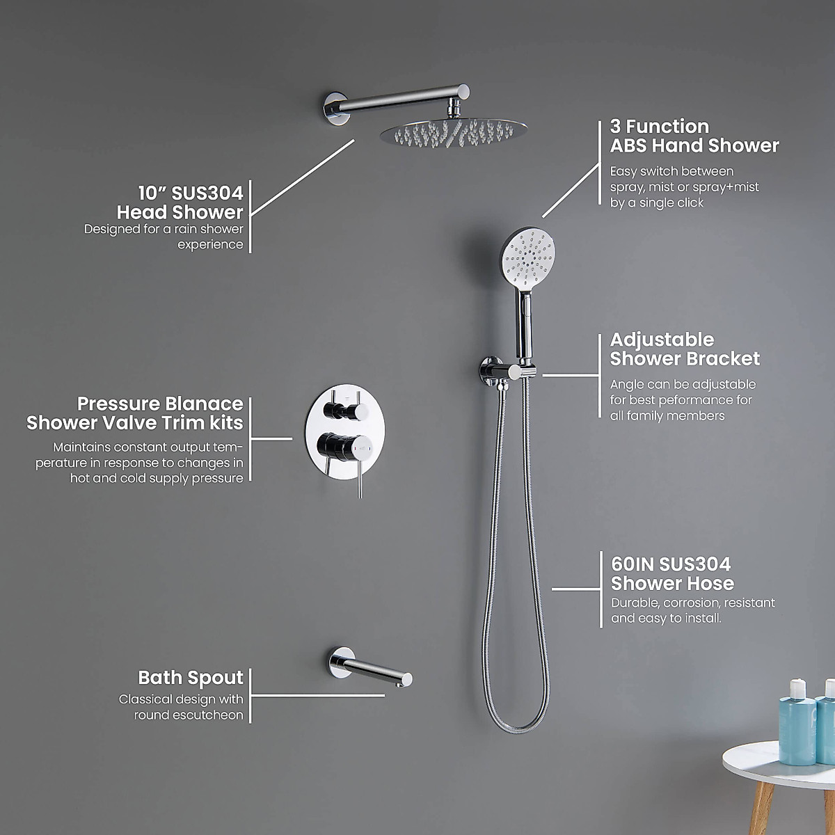 KIBI Circular Bathroom Shower System | 3-Function Wall Mounted Shower Faucet Set with Solid Brass Pressure Balanced Valve | Three Hand Shower Modes | 15-inch Long Shower Arm | Chrome Finish (KSF404)