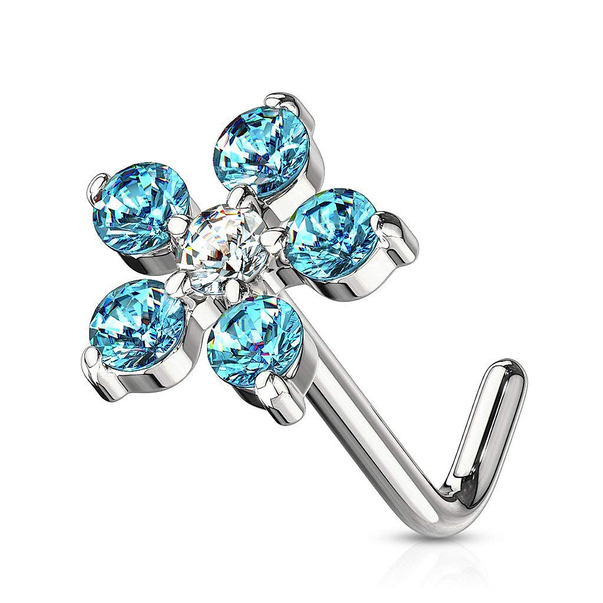 Forbidden Body Jewelry 20g Surgical Steel 6-CZ Crystal Flower L-Shape Nose Ring (Aqua)