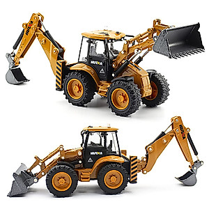 Dollox Die-cast Excavator Backhoe Front Loader Truck 1/50 Metal Engineering Vehicle Construction Tractor Model Collection Bulldozer Back Hoe Truck Decoration Toy Gift for Kids