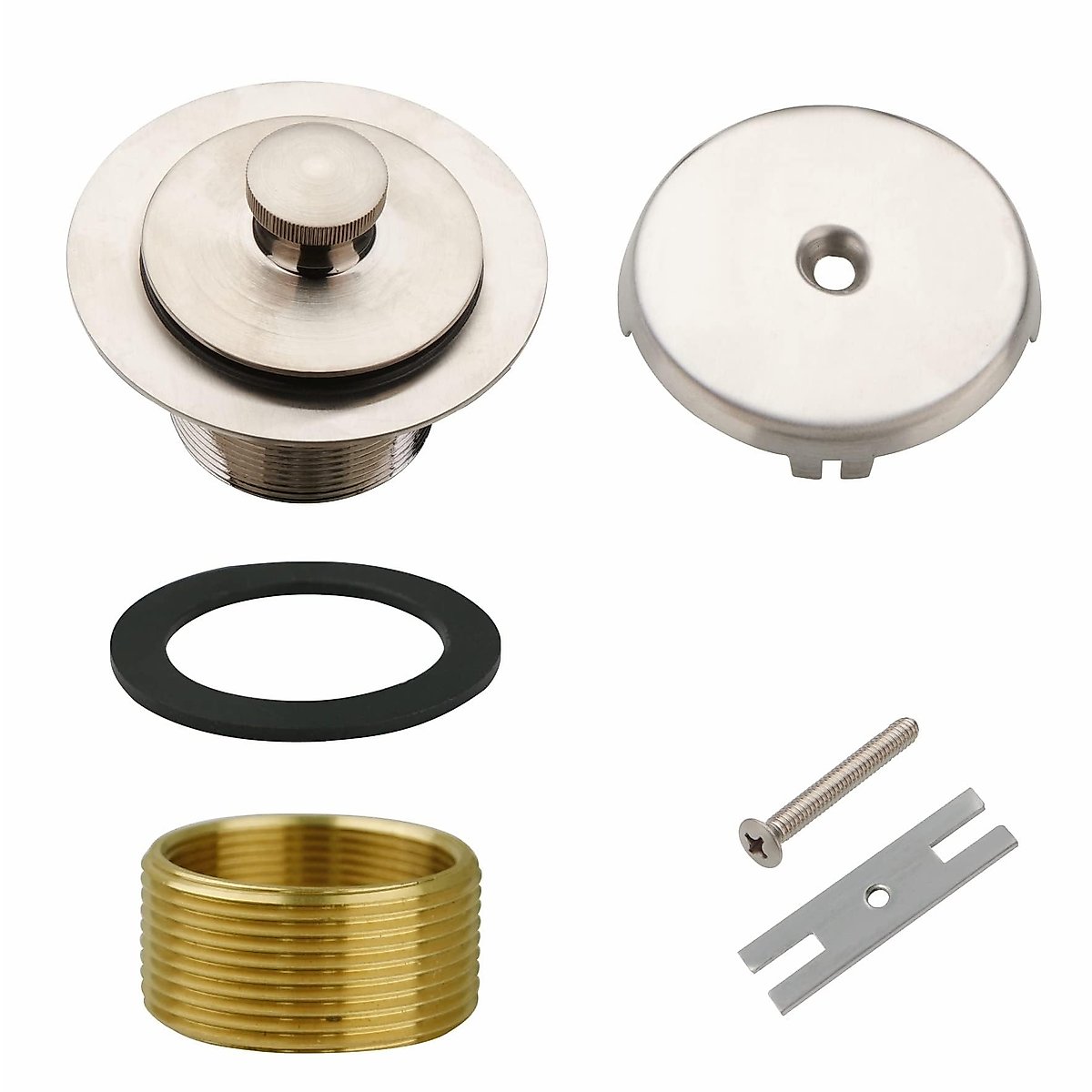 All Metal Tub Drain and Overflow Kit with Single Hole Overflow Faceplate, Welsan Universal Lift & Turn Bathtub Drain Kit with Fine/Coarse Thread Conversion Twist Trim Kit Assembly-Brushed Nickel