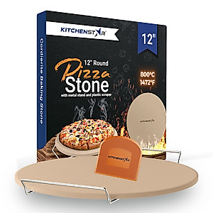 KitchenStar Pizza Stone for Oven and Grill 12 inch + Pizza Cutter Rocker 12" Black - Pizza Making Set Bundle - Premium Pizza Oven Accessories and Tools