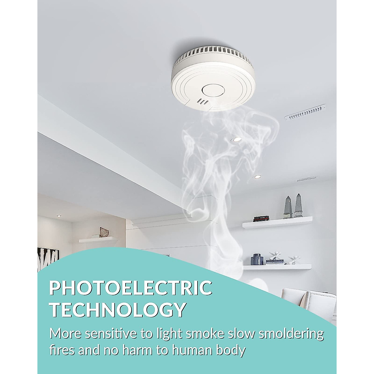 Ecoey Smoke Alarm Fire Detector, Battery Included Photoelectric Smoke Detector with Test Button and Low Battery Signal, Small Fire Alarm for Home, Bedroom FJ136GB, 6 Packs