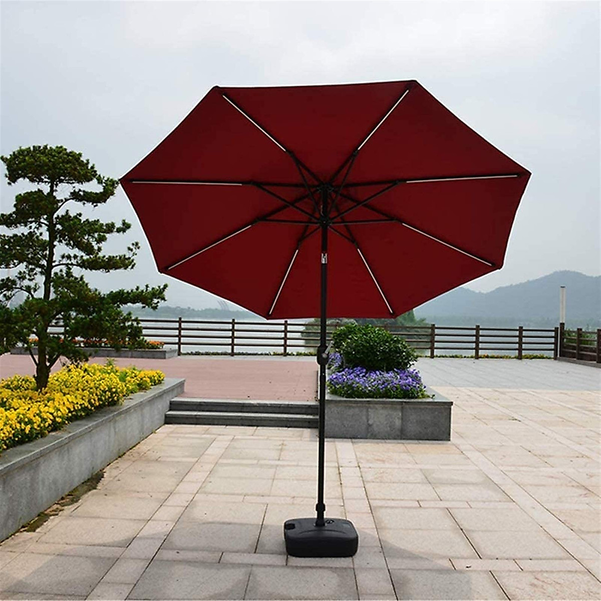Outdoor Garden Parasols 2.7M Garden Parasol Umbrella 360-Degree LED Market Patio Umbrella with 8 LED Solar Lights Outdoor Patio Beach Sun Shade,Without Parasol Base