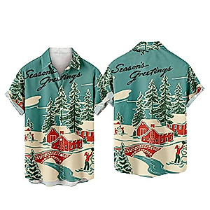 Lcxifdre Men’s Bowling Shirt Christmas Short Sleeve Button Up Shirts Xmas Santa Printing Plus Size T Shirts Loose Undershirts Light Blue