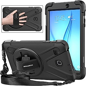 BRAECNstock Samsung Galaxy Tab E 8.0 Case (SM-T375/T377/T378),Shockproof Durable Protective Cover with 360° Kickstand&Hand Strap,Shoulder Strap,Kids Tablet Case for Galaxy SM-T377A/T377V/T378V,Black